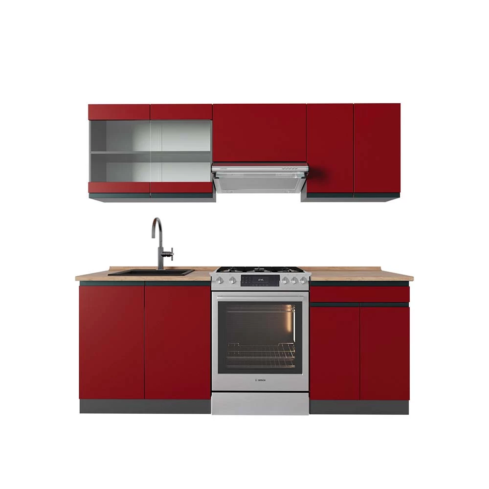 Kitchenette R-Line Red/Anthracite 200 cm J-Shape, WT Oak livinity ...