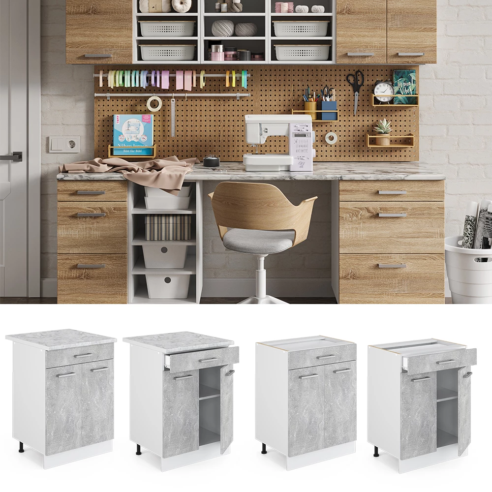 livinity® Universal base unit Concrete 60 cm with drawers, R-Line ...