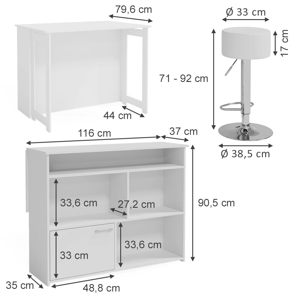 Vicco Bartisch-Set Dominic, Bartresen und Hocker, Weiß, 116 x 37 cm mit ...