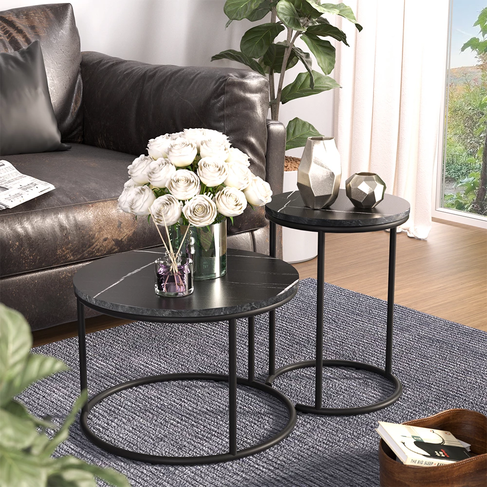 livinity® Coffee table set Black marble 55 x 55 cm 2 parts, Ottawa ...