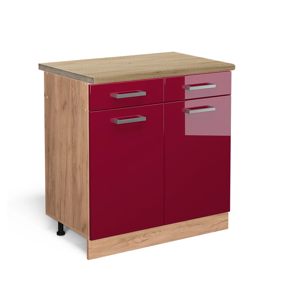 Vicco Meuble cuisine Rouge bordeaux Haute brillance 80cm , PT Chêne, R ...
