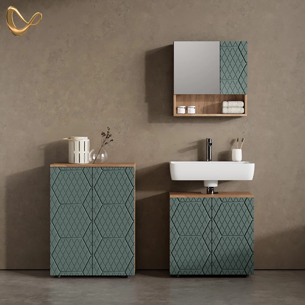 livinity® Bathroom furniture set Green/golden oak 3 parts, with base ...