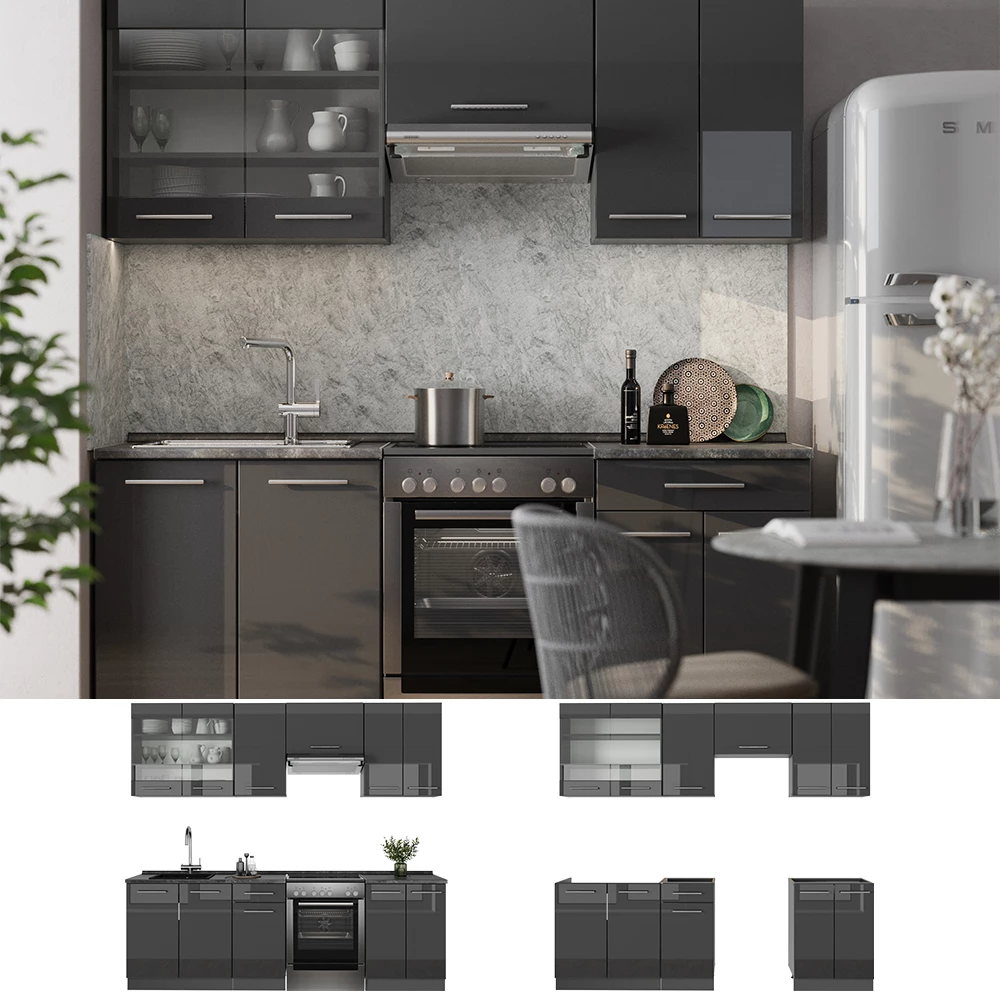 Køkkenrække Fame-Line Antracit højglans 240 cm , BP Marmor Vicco ...